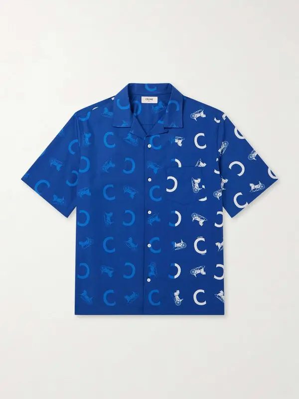 Celine Camp-collar Logo-print Cotton-taffeta Shirt - Blue