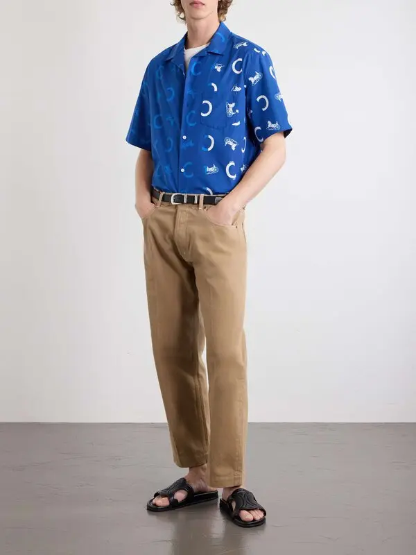 Celine Camp-collar Logo-print Cotton-taffeta Shirt