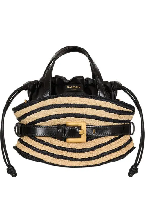 Balmain Mini Shuffle Bag In Raffia And Smooth Calfskin Leather - Beige