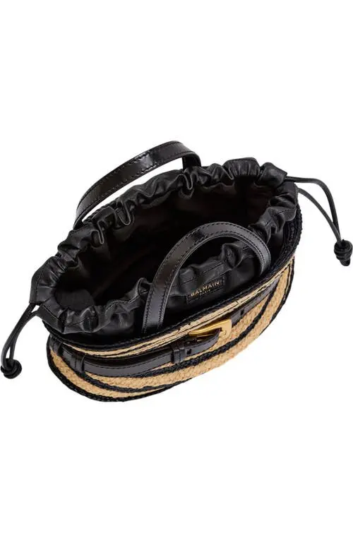 Balmain Mini Shuffle Bag In Raffia And Smooth Calfskin Leather