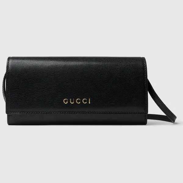 Gucci Wallet With Strap And Lettering Leather - Black