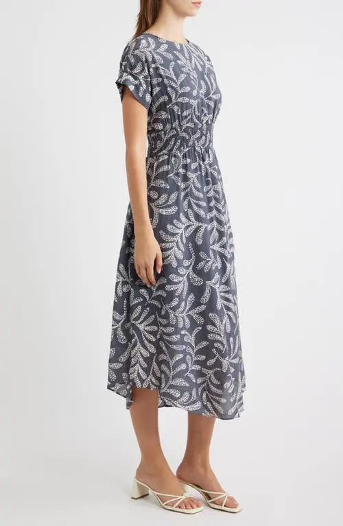 Maggy London Leaf Print Smock Waist Midi Dress