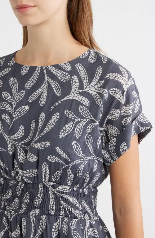 Maggy London Leaf Print Smock Waist Midi Dress
