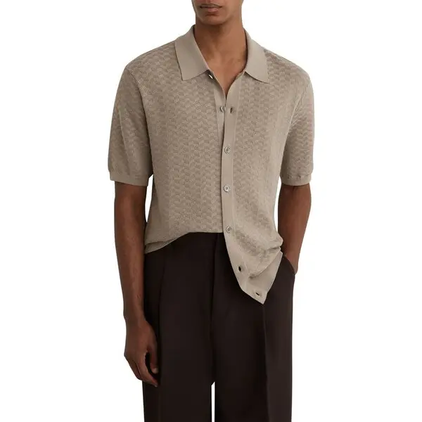 REISS Phoenix Chevron Knit Wool Full Button Cardigan - Taupe Brown
