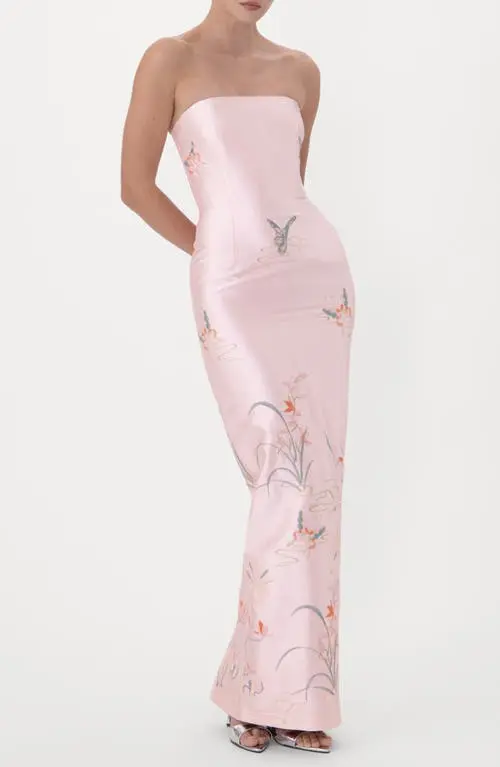 SAU LEE Ilsa Embroidered Strapless Satin Gown