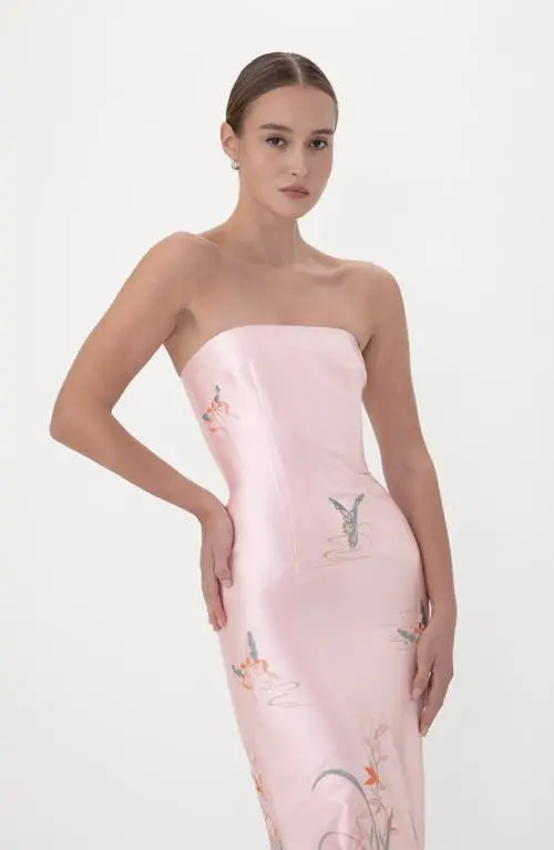 SAU LEE Ilsa Embroidered Strapless Satin Gown