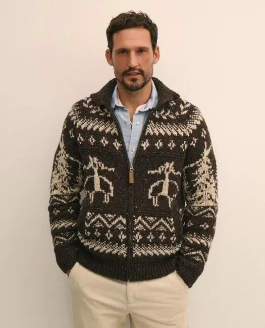 Brooks Brothers Donegal Wool Emblem Chunky Zip Cardigan | | Medium - Brown