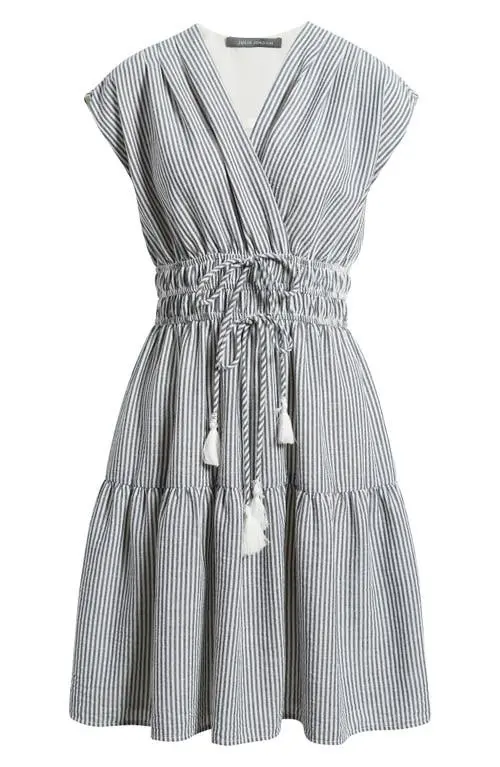 Julia Jordan Tiered Stripe Seersucker V-neck Dress