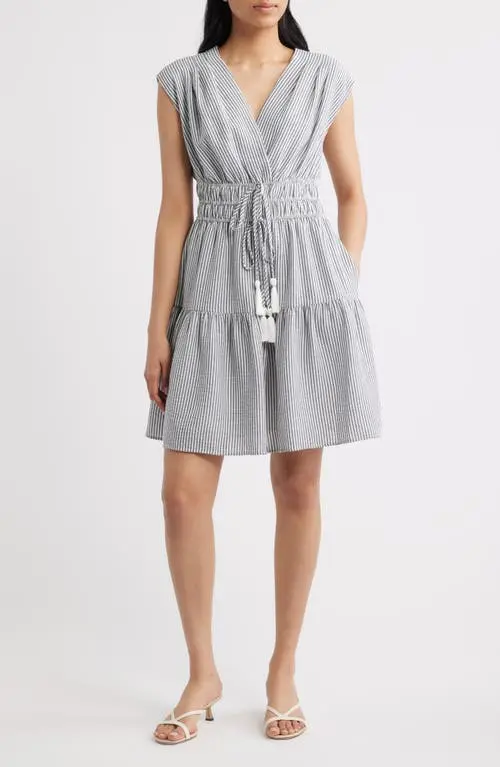 Julia Jordan Tiered Stripe Seersucker V-neck Dress - White Multi