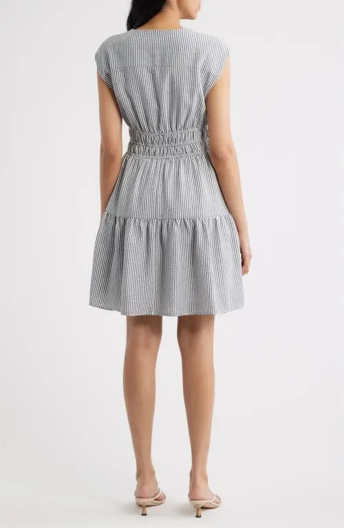 Julia Jordan Tiered Stripe Seersucker V-neck Dress - White Multi