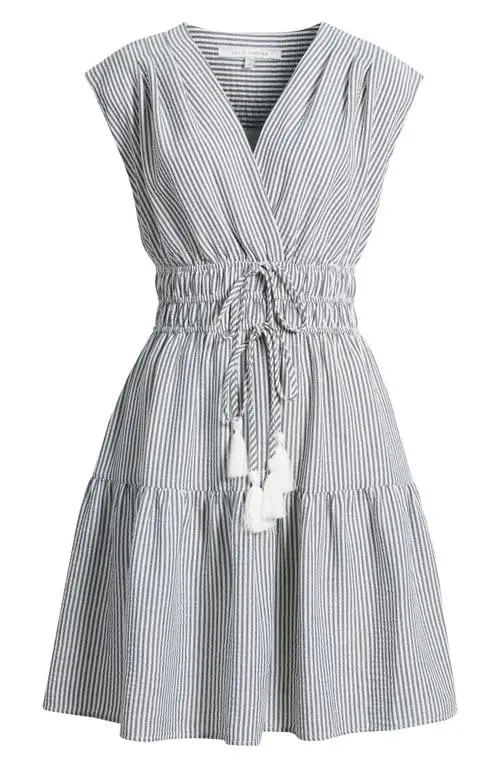 Julia Jordan Tiered Stripe Seersucker V-neck Dress - White Multi
