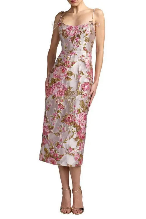 Mac Duggal Floral Brocade Midi Dress With Bow Tie Straps