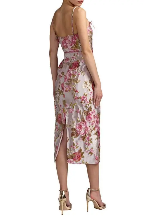 Mac Duggal Floral Brocade Midi Dress With Bow Tie Straps