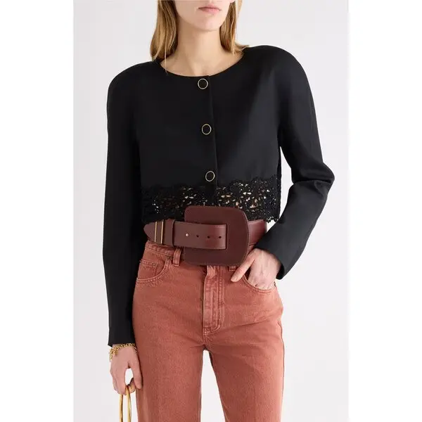Chloé Lace Trim Crop Wool Jacket - Black