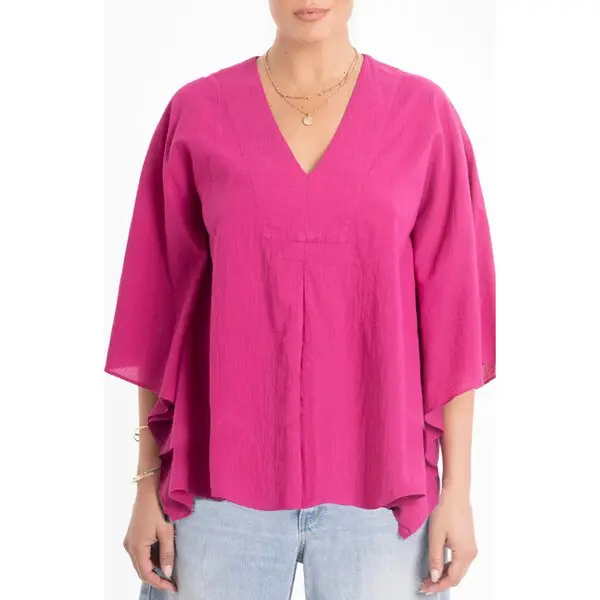 OCEAN+MAIN Butterfly Sleeve Cotton Caftan Top - Fuchsia