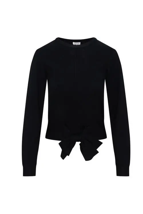 VIVID Crew Neck Soft Knit Sweater With Bottom Tie Detail - Black