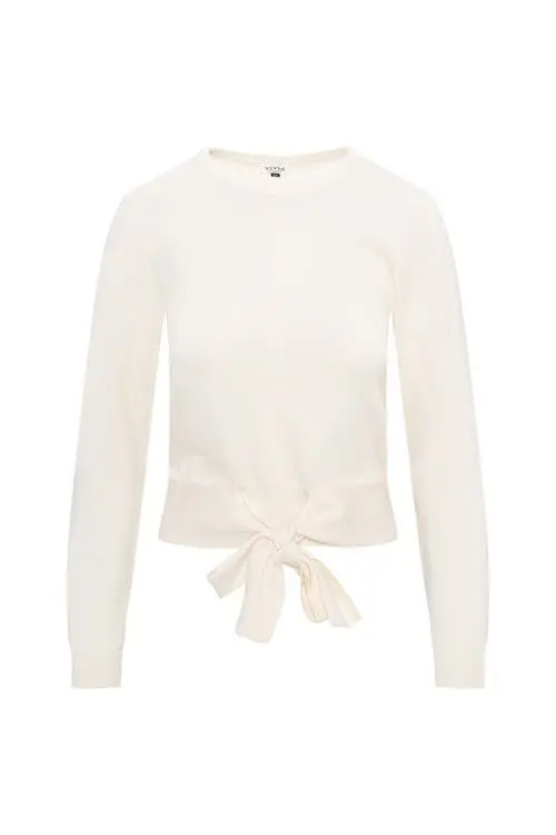 VIVID Crew Neck Soft Knit Sweater With Bottom Tie Detail - Cream