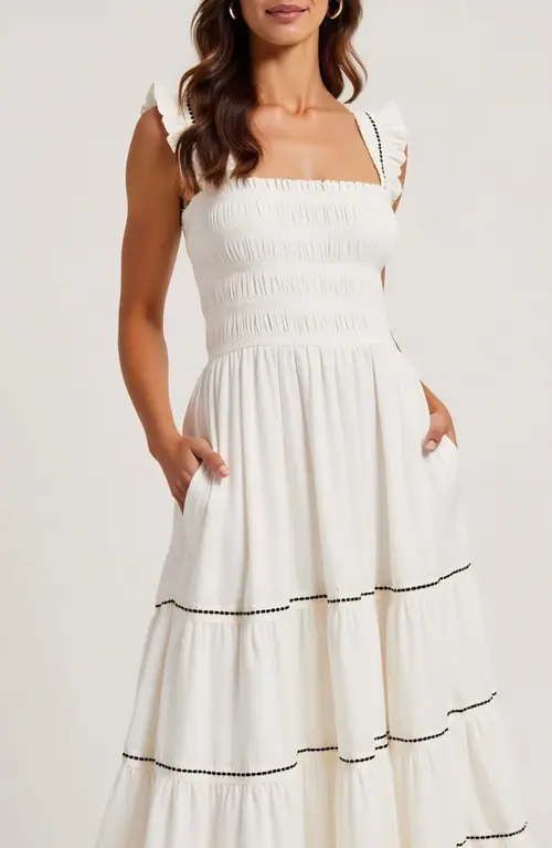 MODENAIRE Tiered Maxi Dress With Smocked Bodice