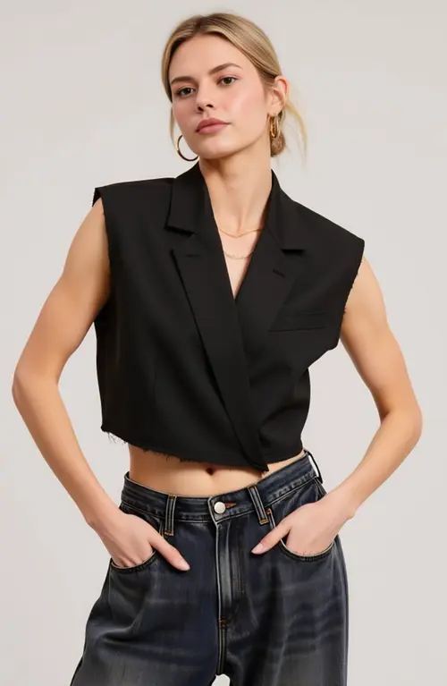 MODENAIRE Sleeveless Cropped Raw-edge Notched-collar Blazer Vest
