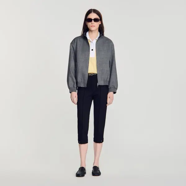Sandro Wool Jacket With Leather Stand Collar - Grey