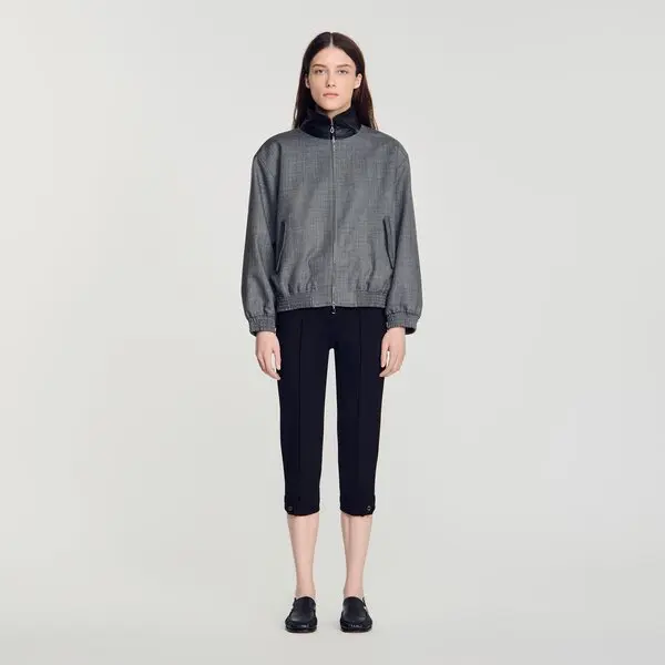 Sandro Wool Jacket With Leather Stand Collar
