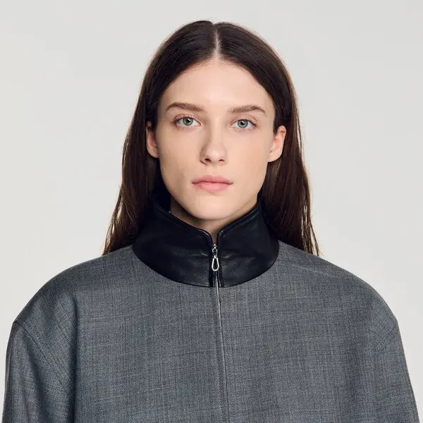 Sandro Wool Jacket With Leather Stand Collar