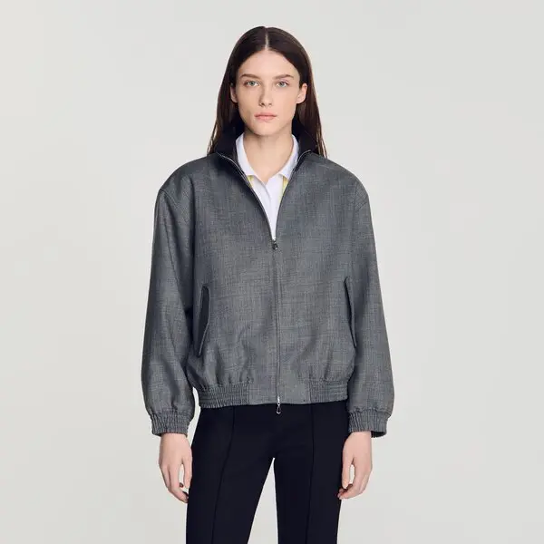 Sandro Wool Jacket With Leather Stand Collar