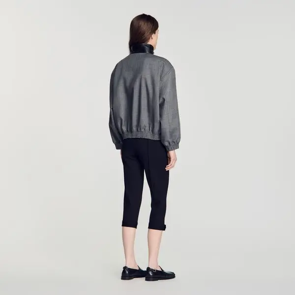 Sandro Wool Jacket With Leather Stand Collar