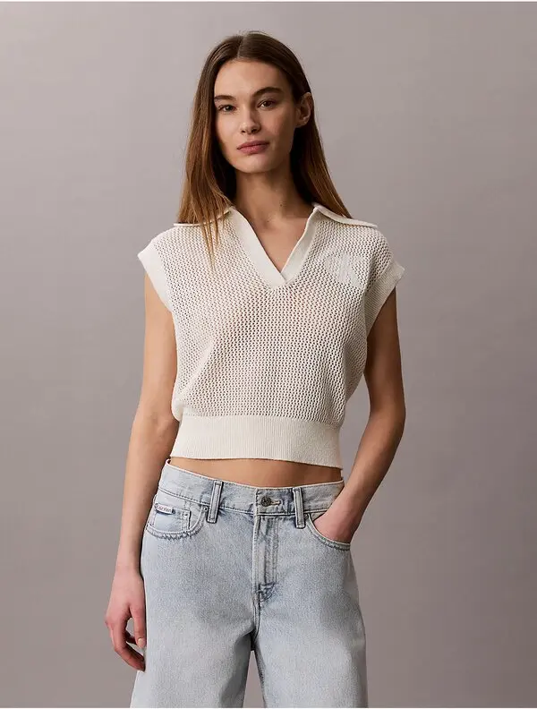 Calvin Klein Monogram Crochet Cropped Polo Top - Tofu