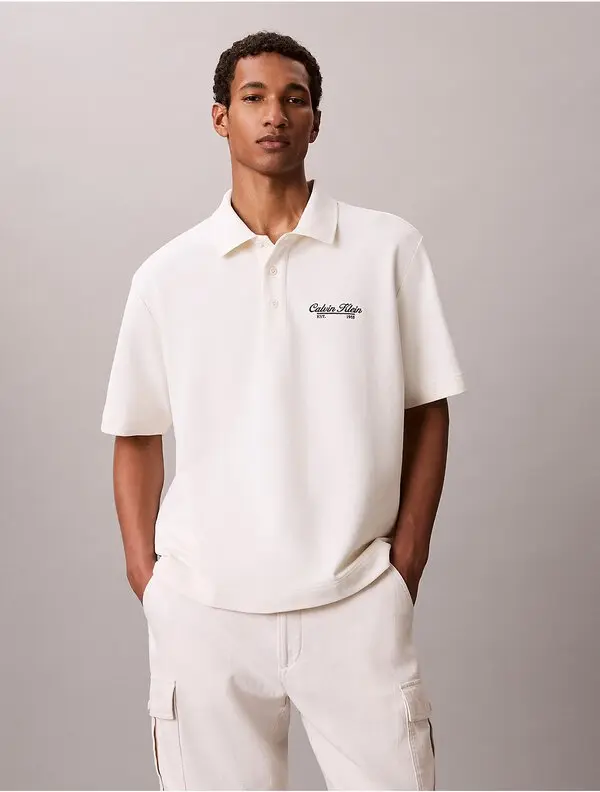 Calvin Klein Script Logo Graphic Pique Relaxed Polo Shirt - Tofu