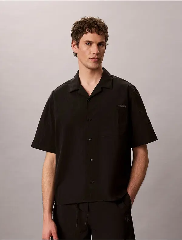 Calvin Klein Nylon Camp Collar Relaxed Shirt - Black