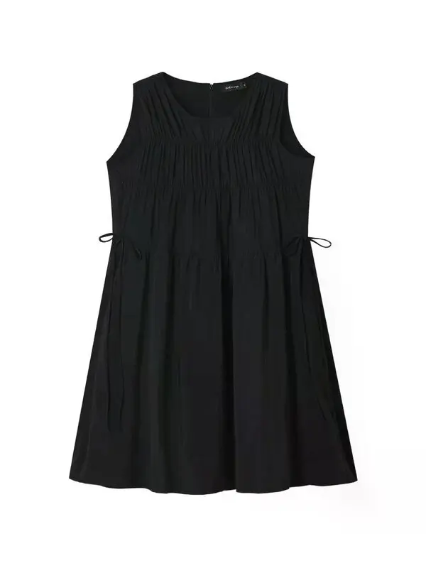 TOUT A COUP Ruched Sleeveless Round Neck Mini Dress - Black