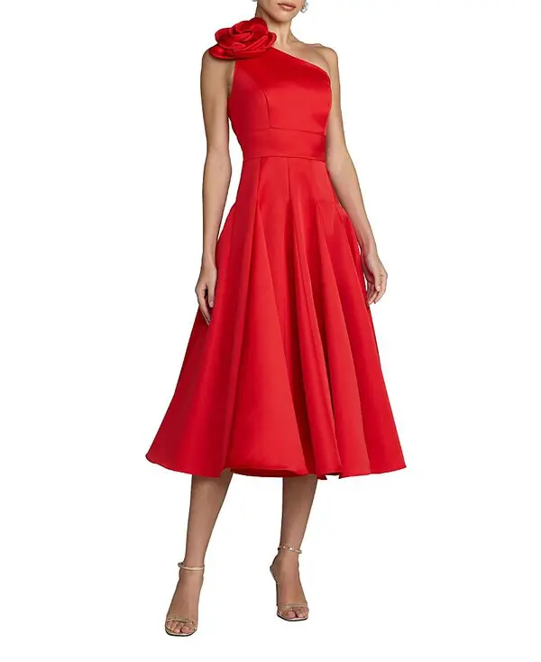 Mac Duggal One Shoulder Satin Midi Dress With 3d Flower Detail - Red