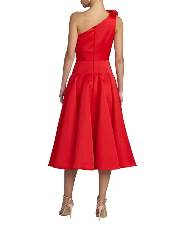 Mac Duggal One Shoulder Satin Midi Dress With 3d Flower Detail - Red