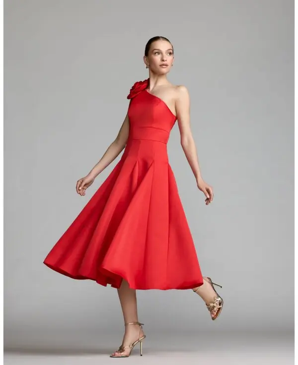 Mac Duggal One Shoulder Satin Midi Dress With 3d Flower Detail - Red