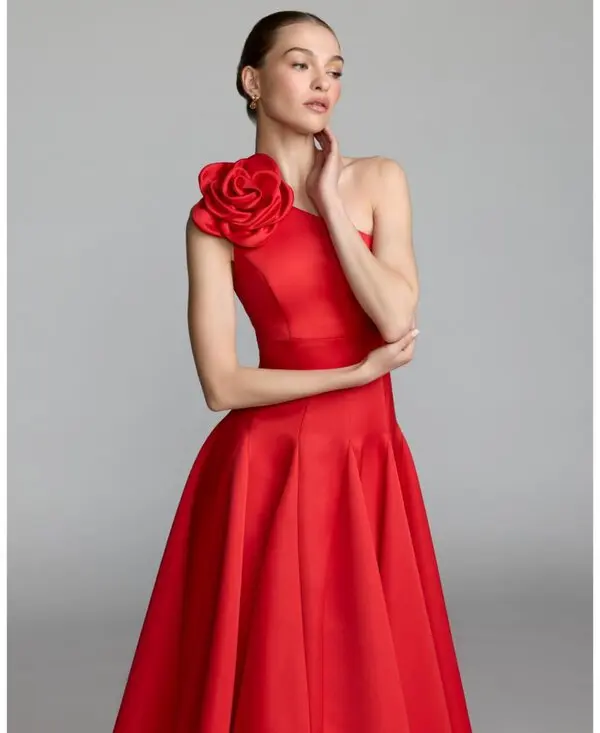 Mac Duggal One Shoulder Satin Midi Dress With 3d Flower Detail - Red