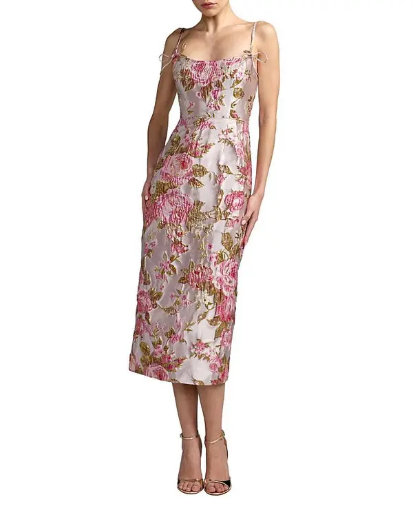 Mac Duggal Floral Brocade Midi Dress With Bow Tie Straps - Pink Multi