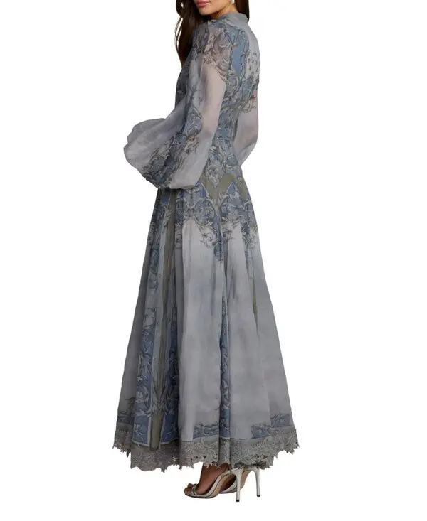 Mac Duggal Printed Cotton Bishop Sleeve A-line Dress