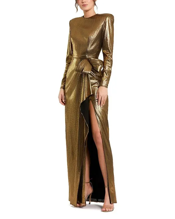 Mac Duggal Petite Gold Metallic Gown With Bow Detail - Antique Gold