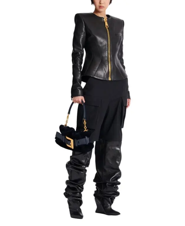 Balmain Shearling Mini Bag With Gold Tone Buckle