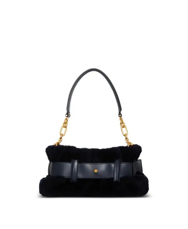 Balmain Shearling Mini Bag With Gold Tone Buckle