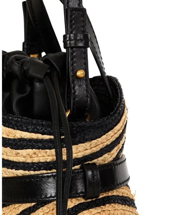 Balmain Mini Shuffle Bag In Smooth Leather And Raffia - Beige