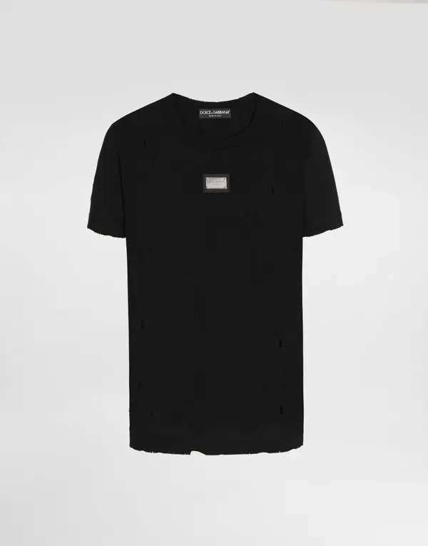 Dolce & Gabbana Jersey T-shirt With Rips And Tag - Black