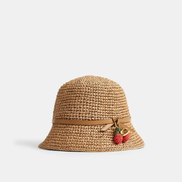 COACH Straw Bucket Hat With Cherry Detail