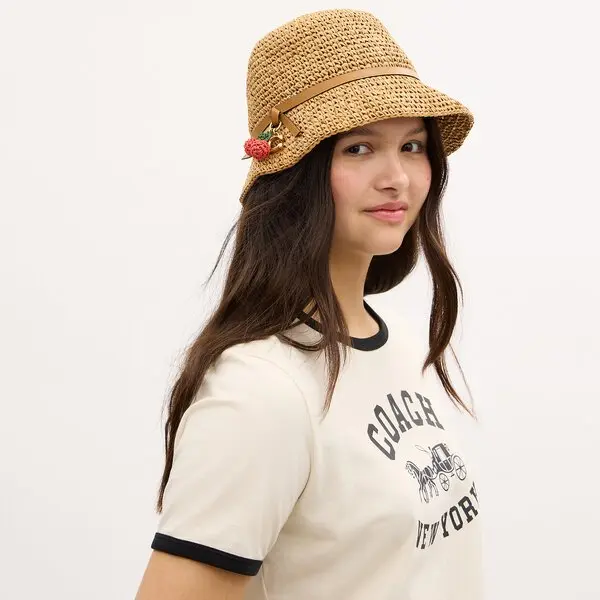 COACH Straw Bucket Hat With Cherry Detail
