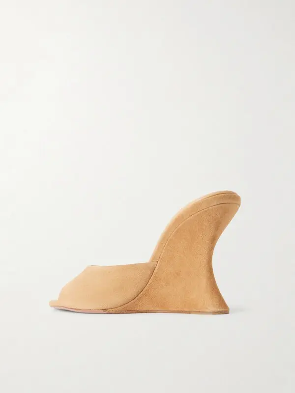 AQUAZZURA Bisous 95 Suede Peep Toe Wedge Mules - Brown