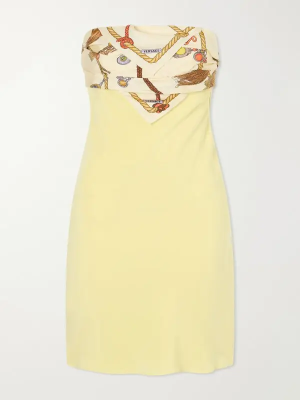 Versace Strapless Silk-crepe Mini Dress With "hangin' Out" Motif Scarf Detail And Medusa Emblem - Yellow