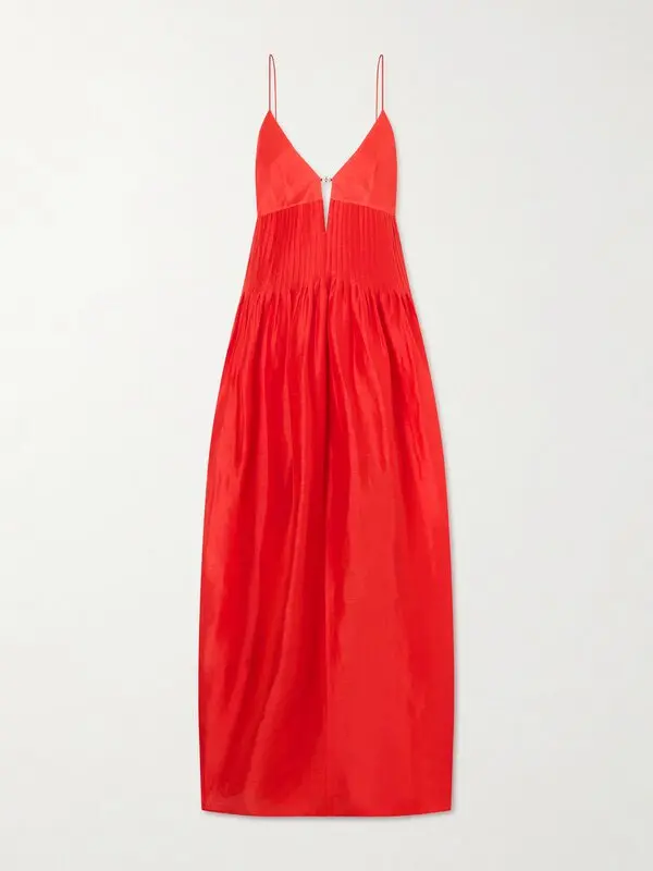 Tory Burch Embellished Pleated Linen And Silk-blend Maxi Dress - Red