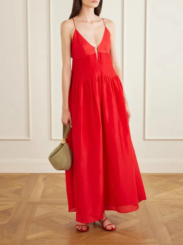 Tory Burch Embellished Pleated Linen And Silk-blend Maxi Dress - Red