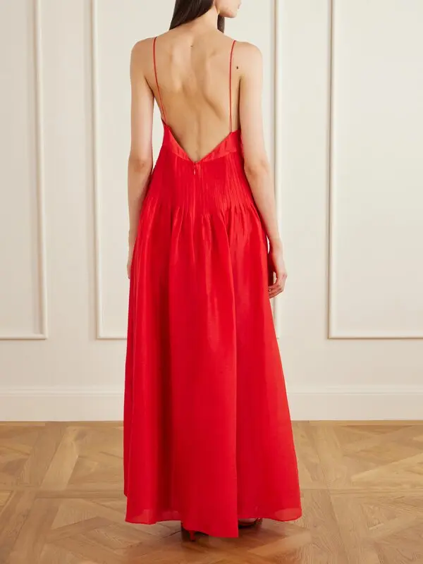 Tory Burch Embellished Pleated Linen And Silk-blend Maxi Dress - Red